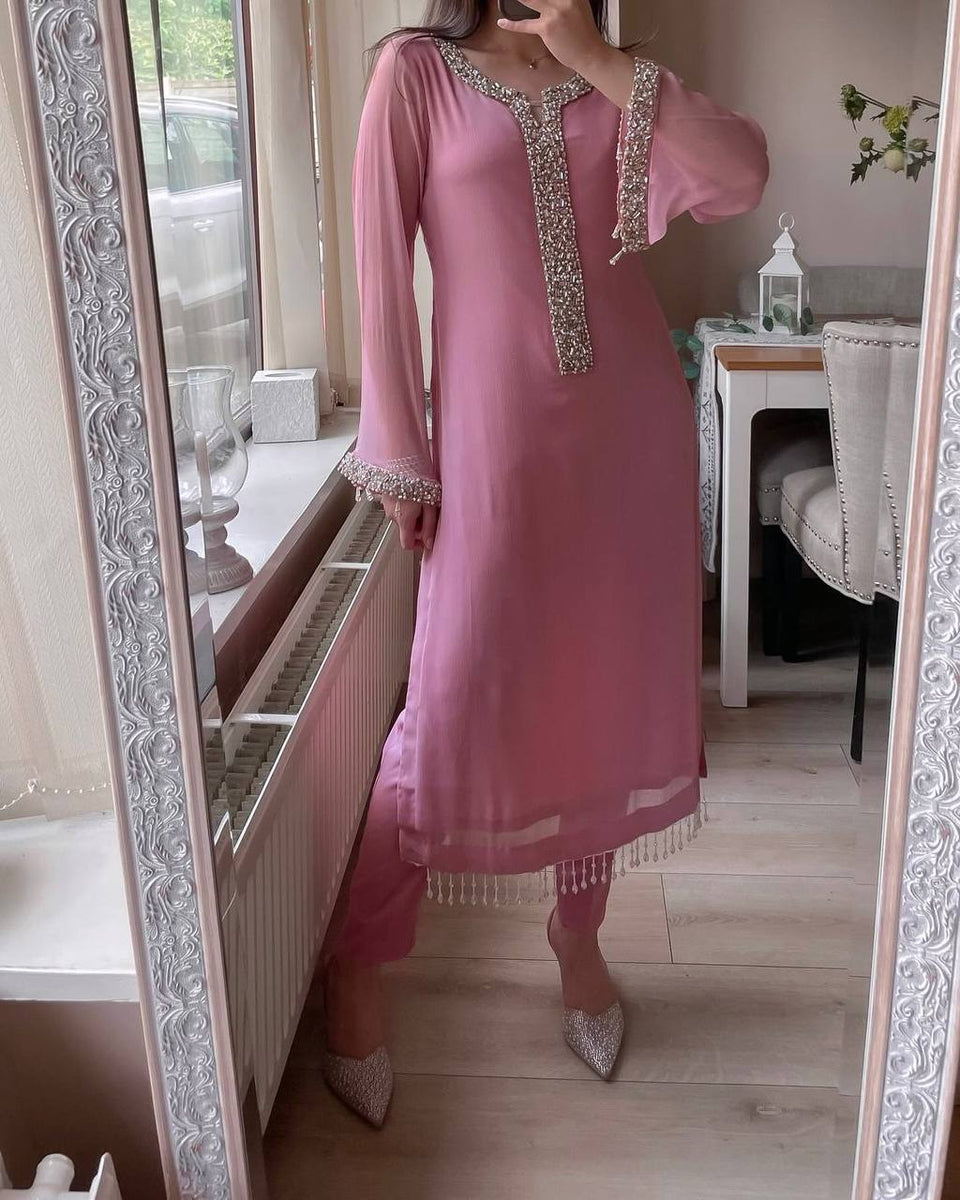 PINK REAL MOTI HAND WORK TOP AND PENT SUIT SET:-3010 – mahir fab